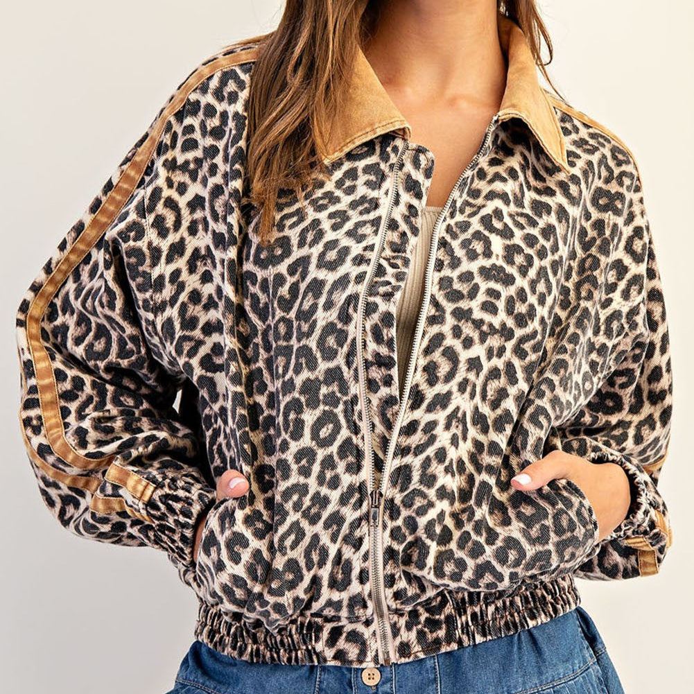 Mineral Washed Leopard Print Zipper Front Jacket — The Basketry by Phina